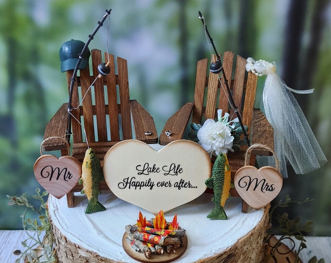 Fishing Theme Wedding Cake Topper Camping Fishing Pole Cake Campfire ...