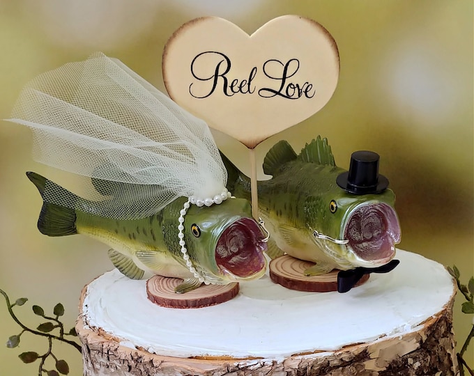 SALE Large Mouth Bass Wedding Cake Topper Fishing Theme Bride Groom ...