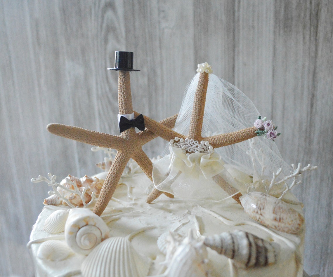 Starfish Wedding Cake Topper Decorated Ivory Veil Destination - Etsy