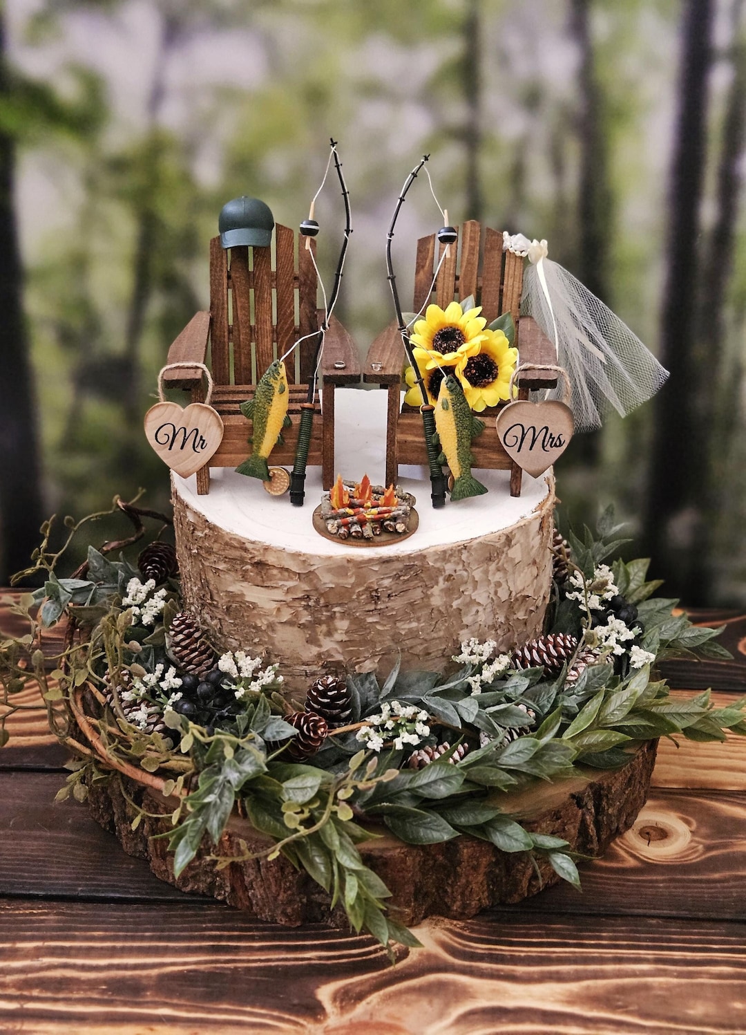 Fishing Themed Wedding Cake Topper With Bonfire Fire Pit Mr and Mrs ...