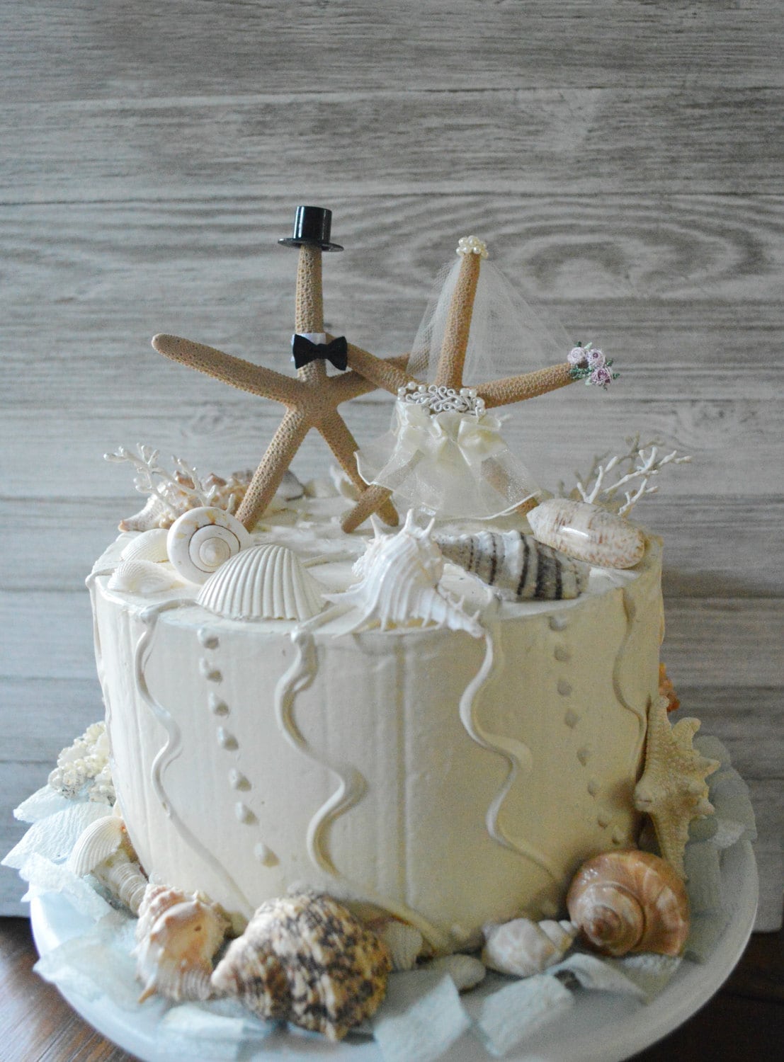 Starfish Wedding Cake Topper Decorated Ivory Veil Destination | Etsy