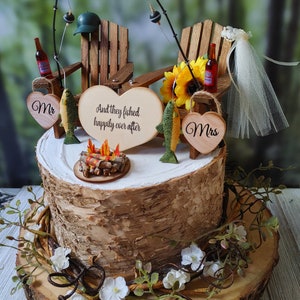 Fishing Theme Wedding Cake Topper Wood Chairs Fishing Poles Camp Fire Bon Fire Rustic Country ...