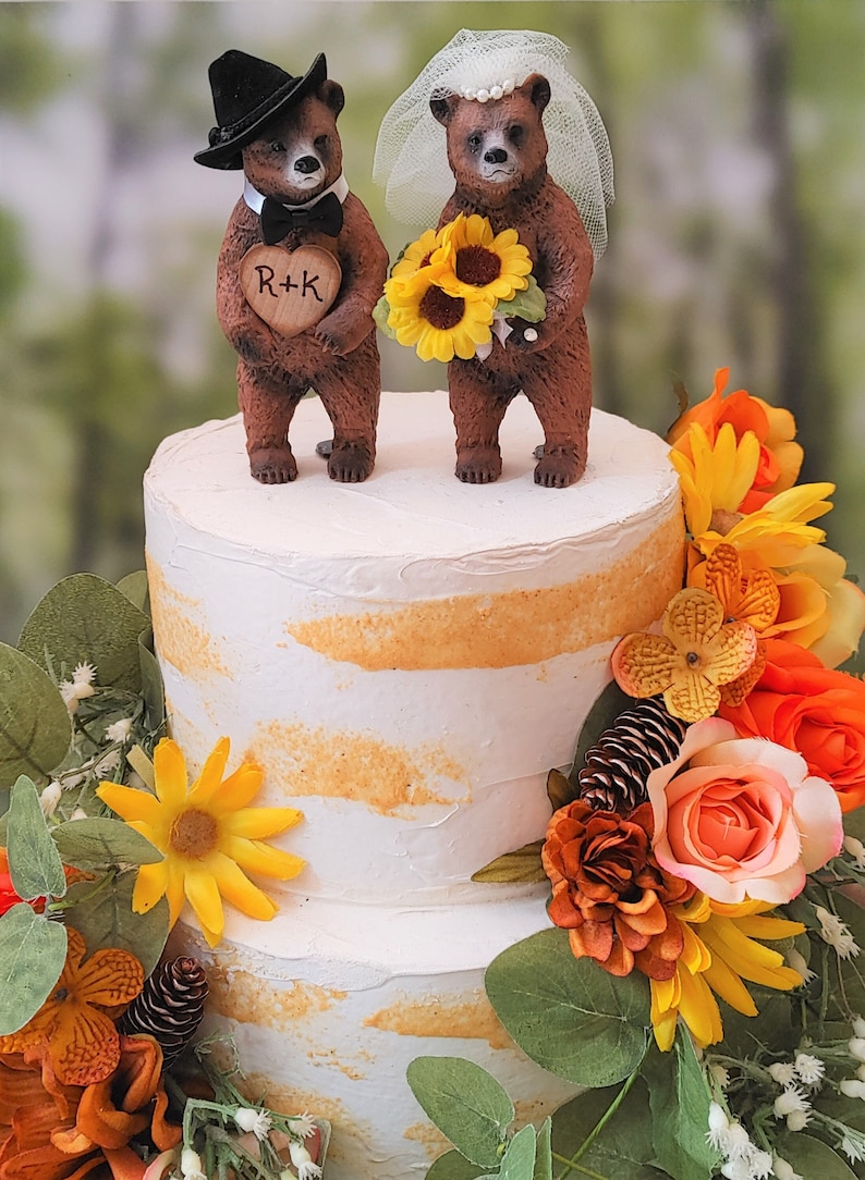 Brown Bear Grizzly Bear Fall Themed Wedding Cake Topper Sunflower ...