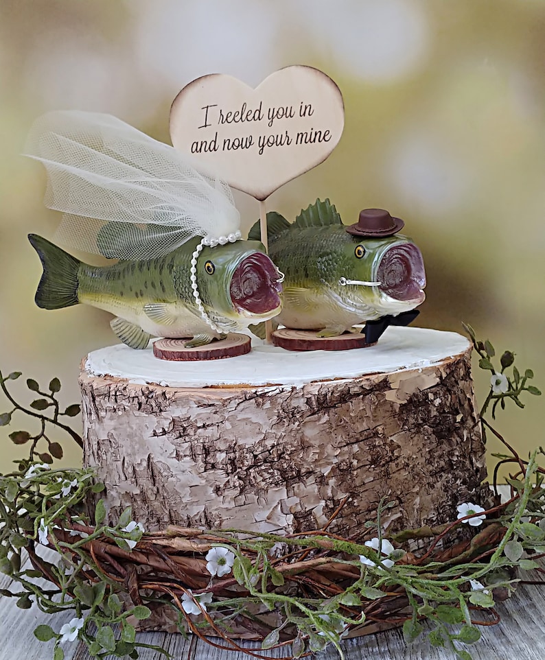 SALE Large Mouth Bass Wedding Cake Topper Fishing Theme Bride Groom ...