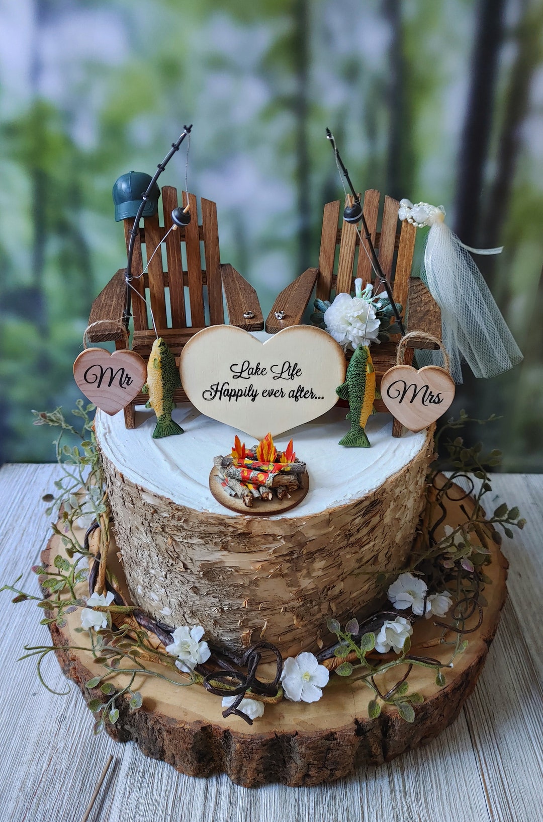 Fishing Theme Wedding Cake Topper Camping Fishing Pole Cake Campfire ...
