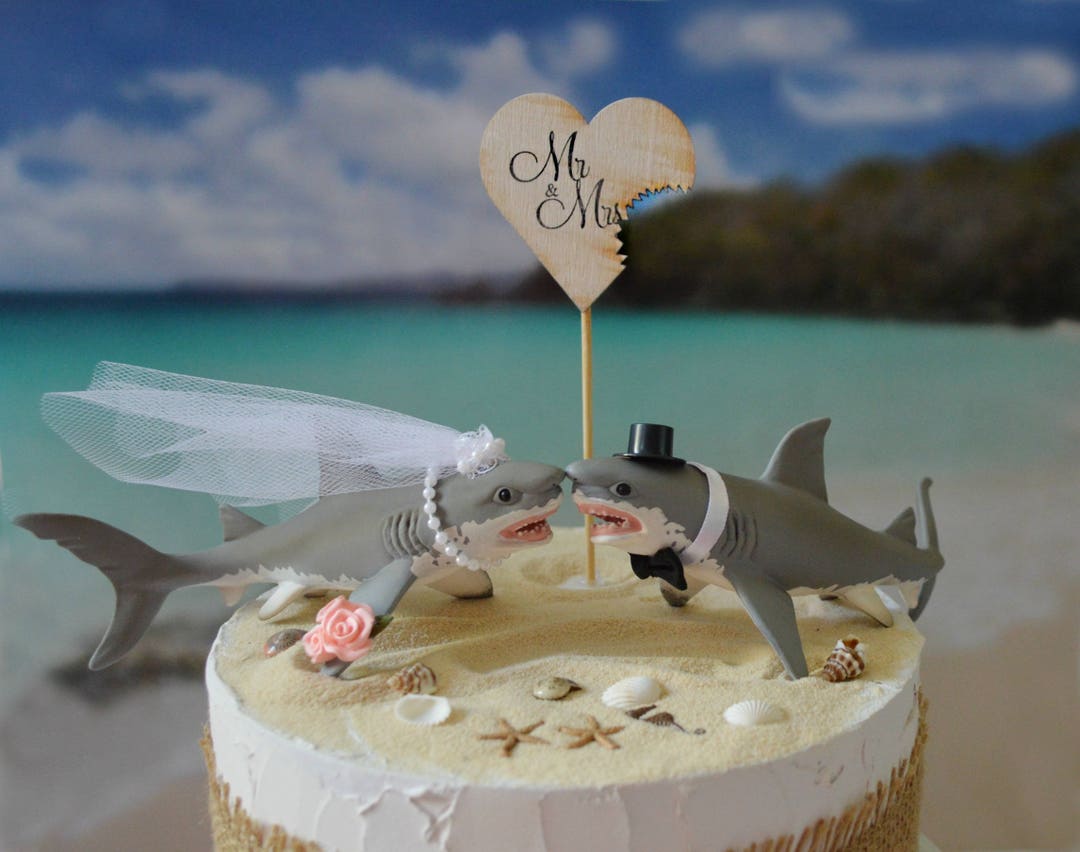 Great White Shark Wedding Cake Topper Bride and Groom Shark Lover Beach ...