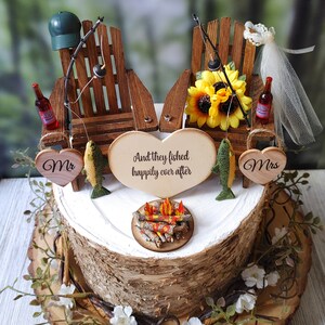 Fishing Theme Wedding Cake Topper Wood Chairs Fishing Poles Camp Fire Bon Fire Rustic Country ...