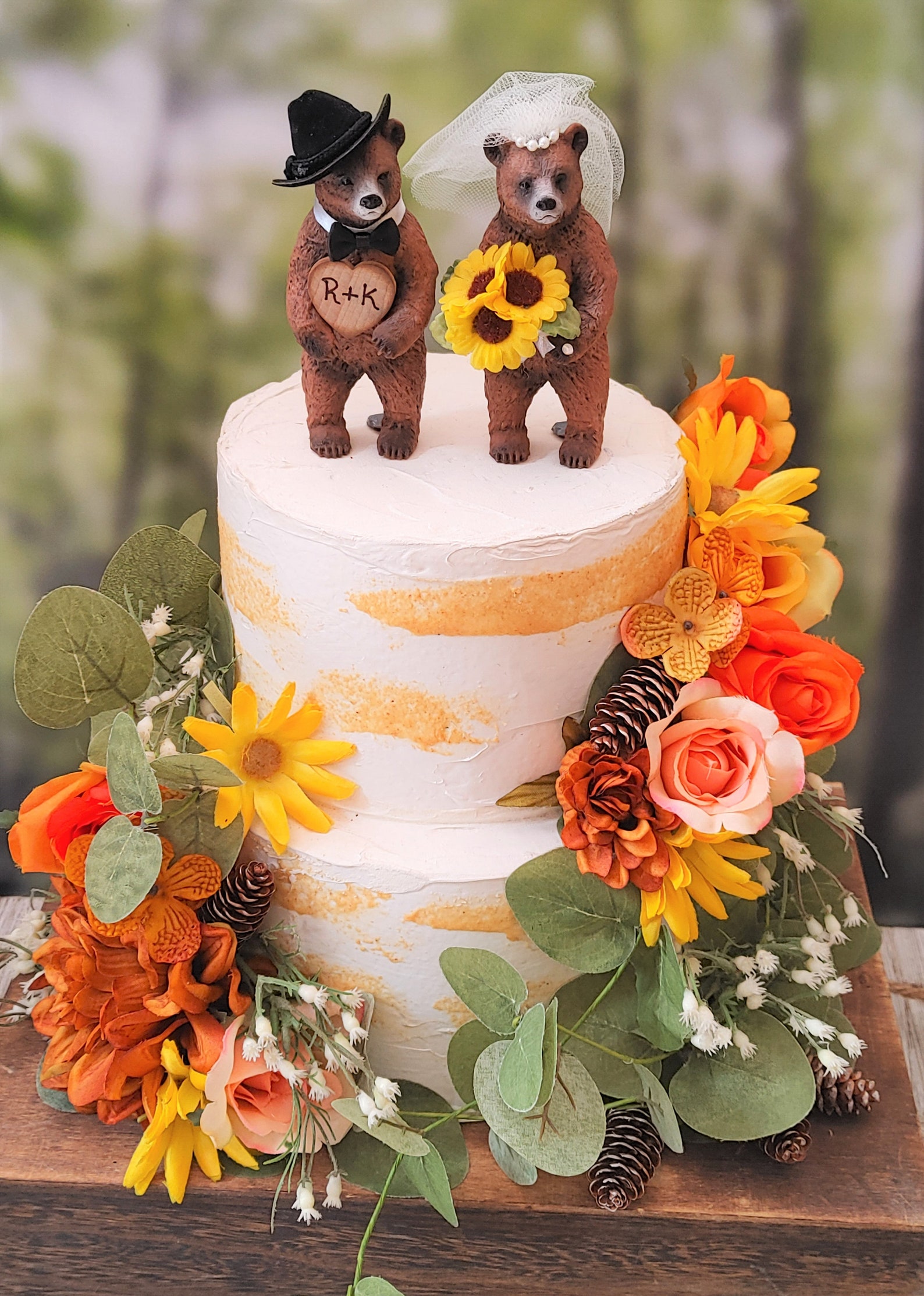 Brown Bear Grizzly Bear Fall Themed Wedding Cake Topper Sunflower ...