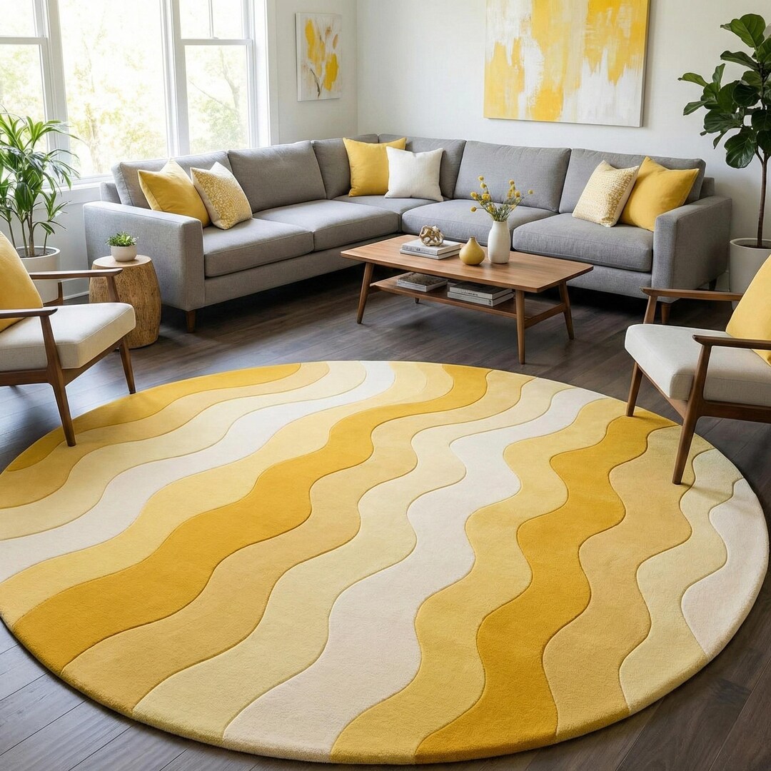 7x7x7 Rug | Hand Tufted Wool Round Rug | Modern Yellow Wave Design - Etsy