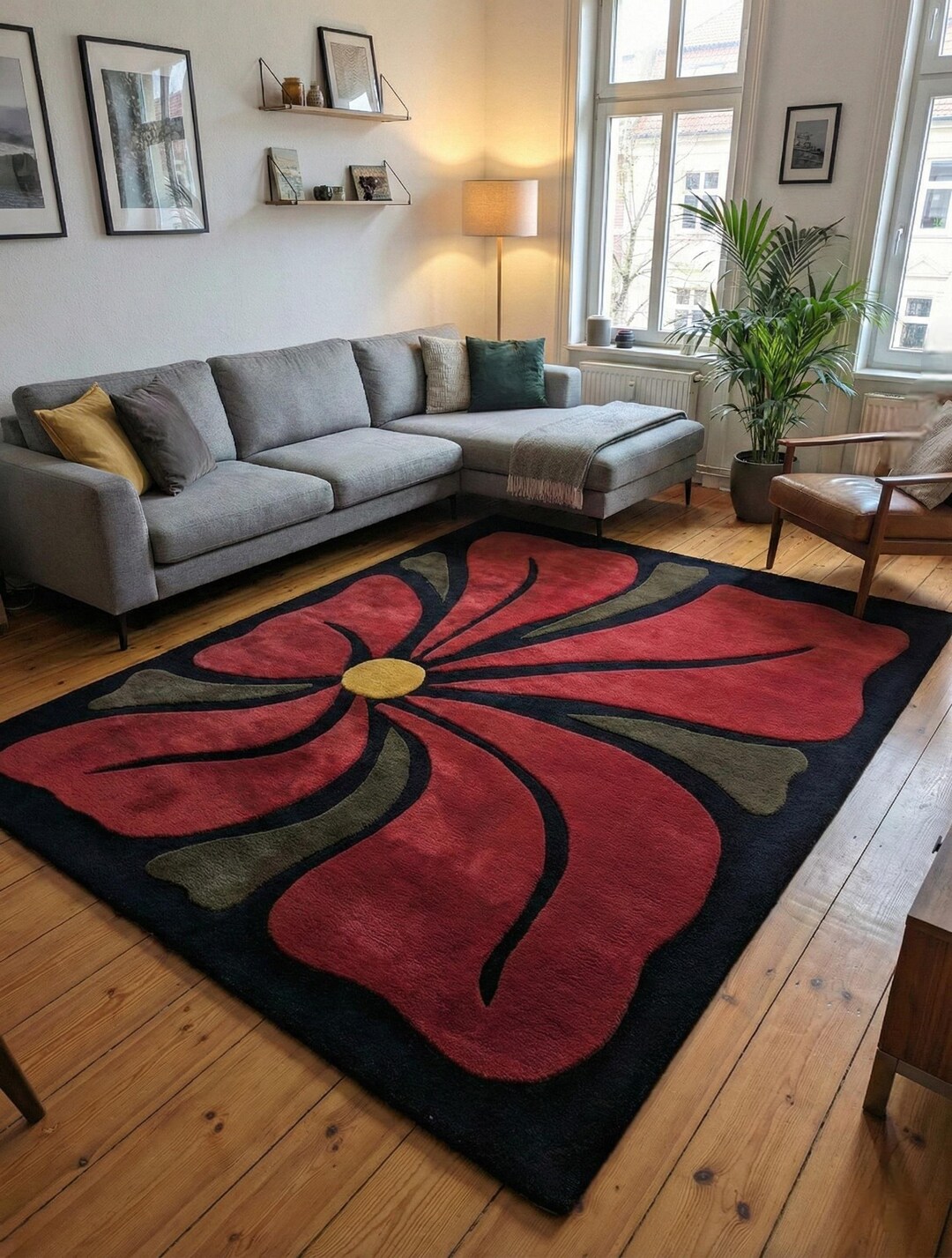 Hand Tufted Wool Floral Rug | Modern Red Flower Carpet - Etsy