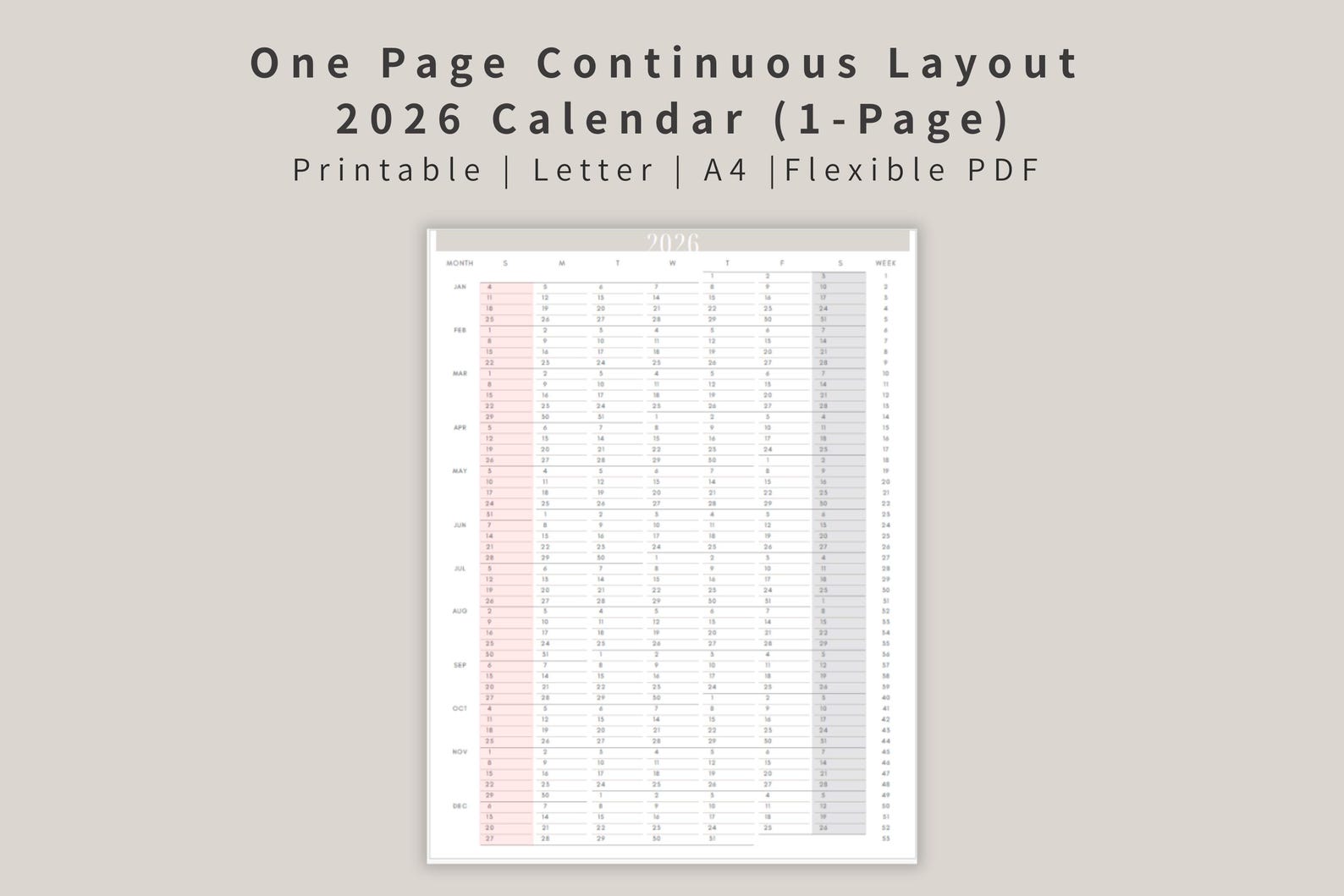 Calendario annuale 2026 con note / Layout continuo a una pagina ...