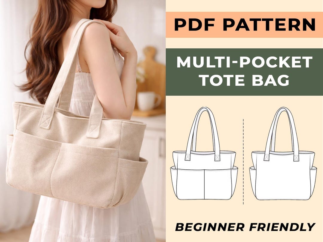 Multi-pocket Tote Bag Sewing Pattern | Canvas Shopper Bag (PDF Download ...