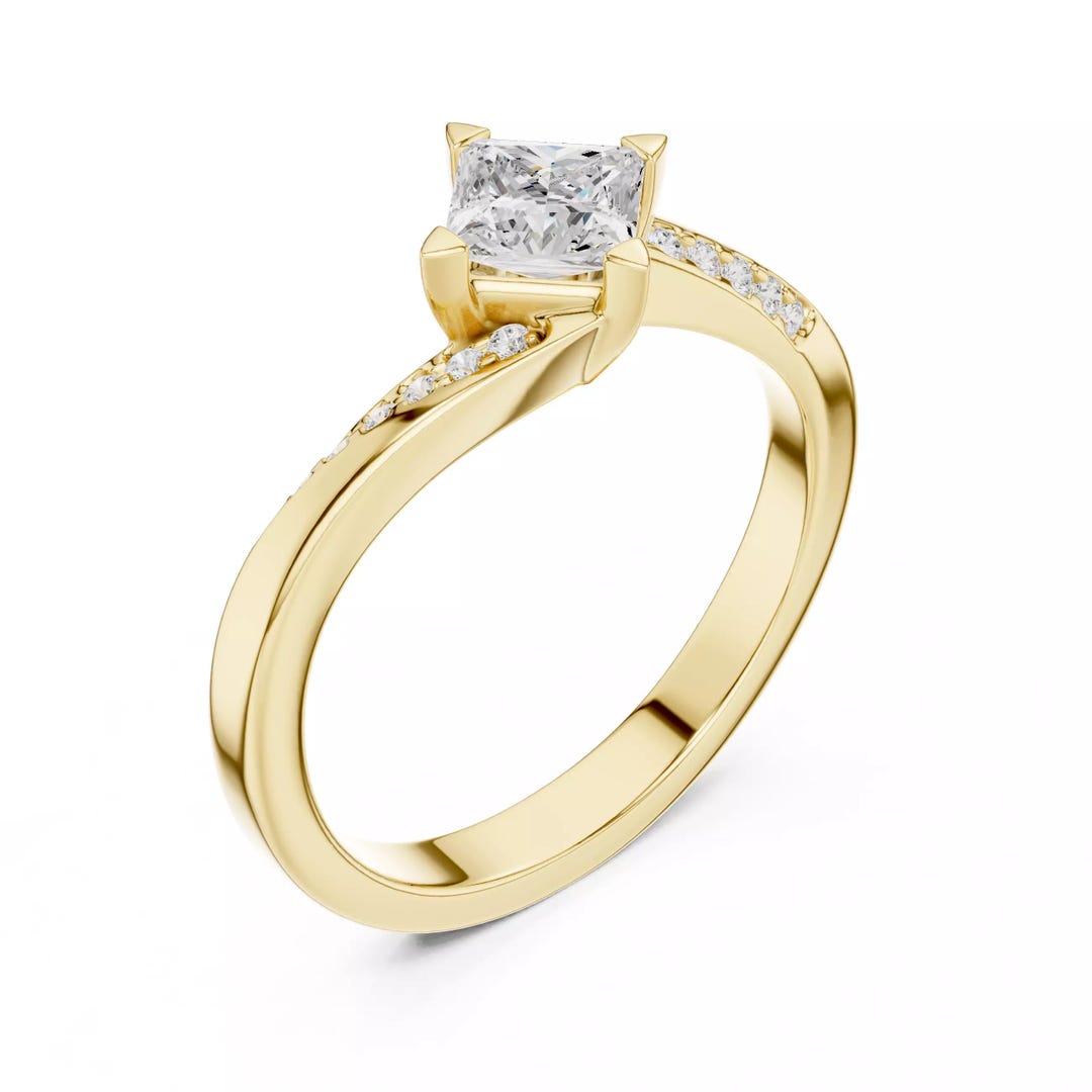 Princess Cut Moissanite Engagement Ring Silver Bypass Shank Pavé Accent ...