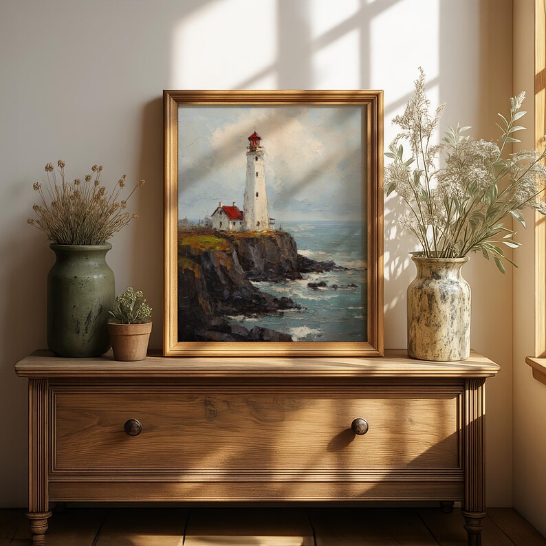 Vintage Coastal Lighthouse Oil Painting Print, Old Master Seascape Wall ...