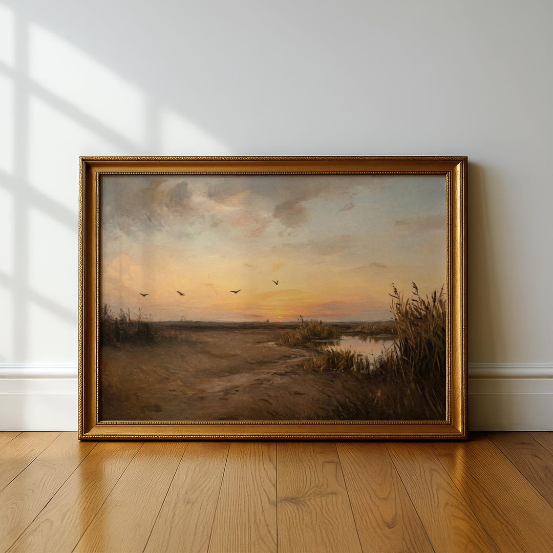 Sunset Marsh Landscape Oil Painting, Calm Nature Field, Earth Tone ...