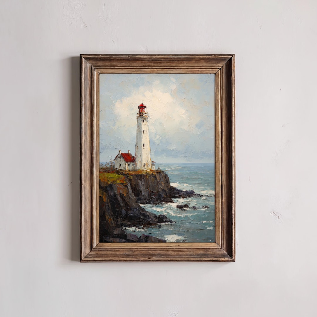 Vintage Coastal Lighthouse Oil Painting Print, Old Master Seascape Wall ...