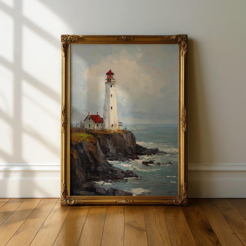 Vintage Coastal Lighthouse Oil Painting Print, Old Master Seascape Wall ...