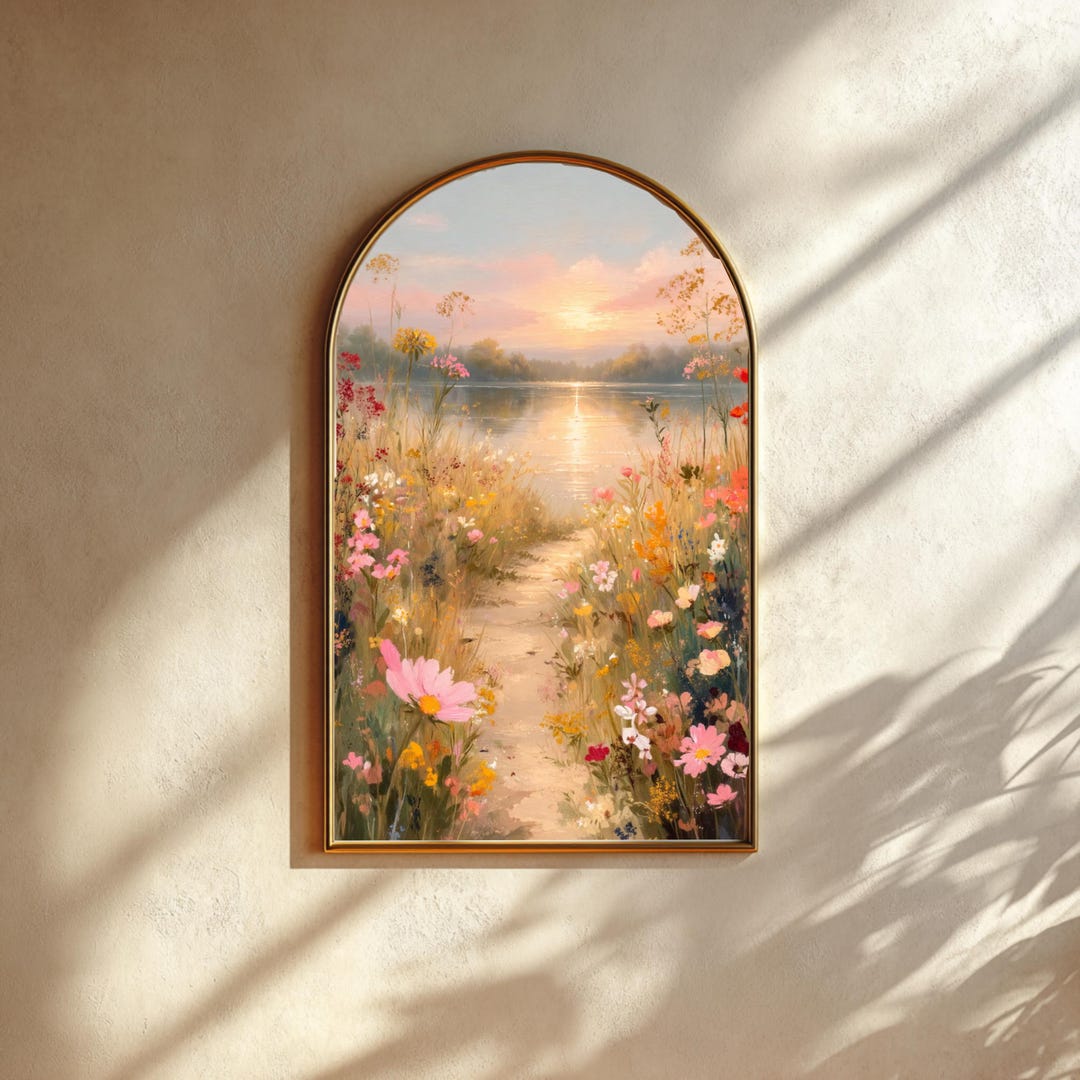 Wildflower Lake Path Oil Painting, Cottage Landscape Wall Art, Pastel ...