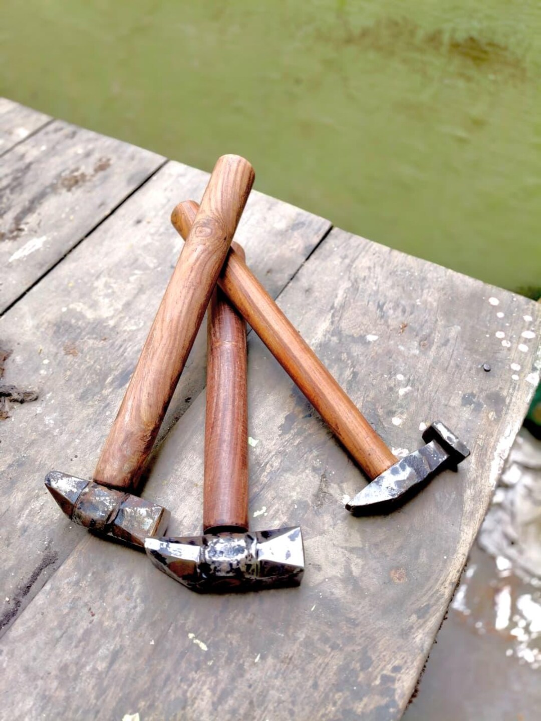 Set of 3 Black Iron Hammers - Blacksmith Wooden Handle, Heavy Duty ...