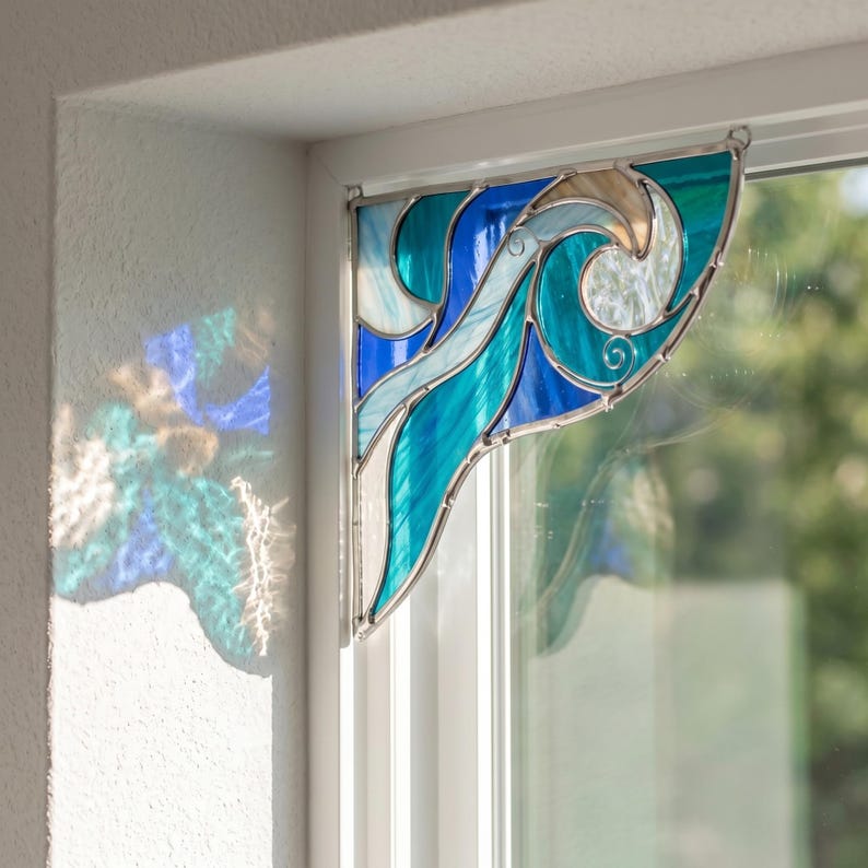 Ocean Stained Glass Window Corner Panels, Coastal Window Corner Decor ...