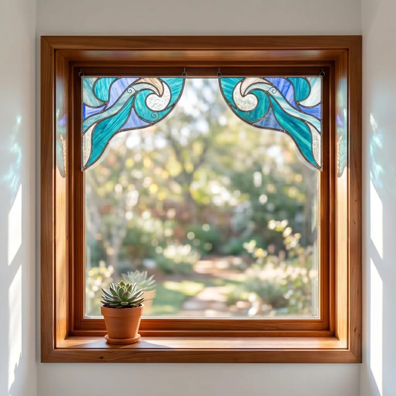 Ocean Stained Glass Window Corner Panels, Coastal Window Corner Decor ...