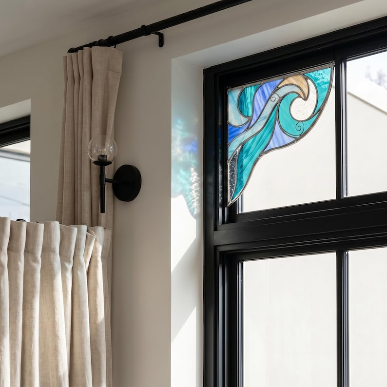 Ocean Stained Glass Window Corner Panels, Coastal Window Corner Decor ...