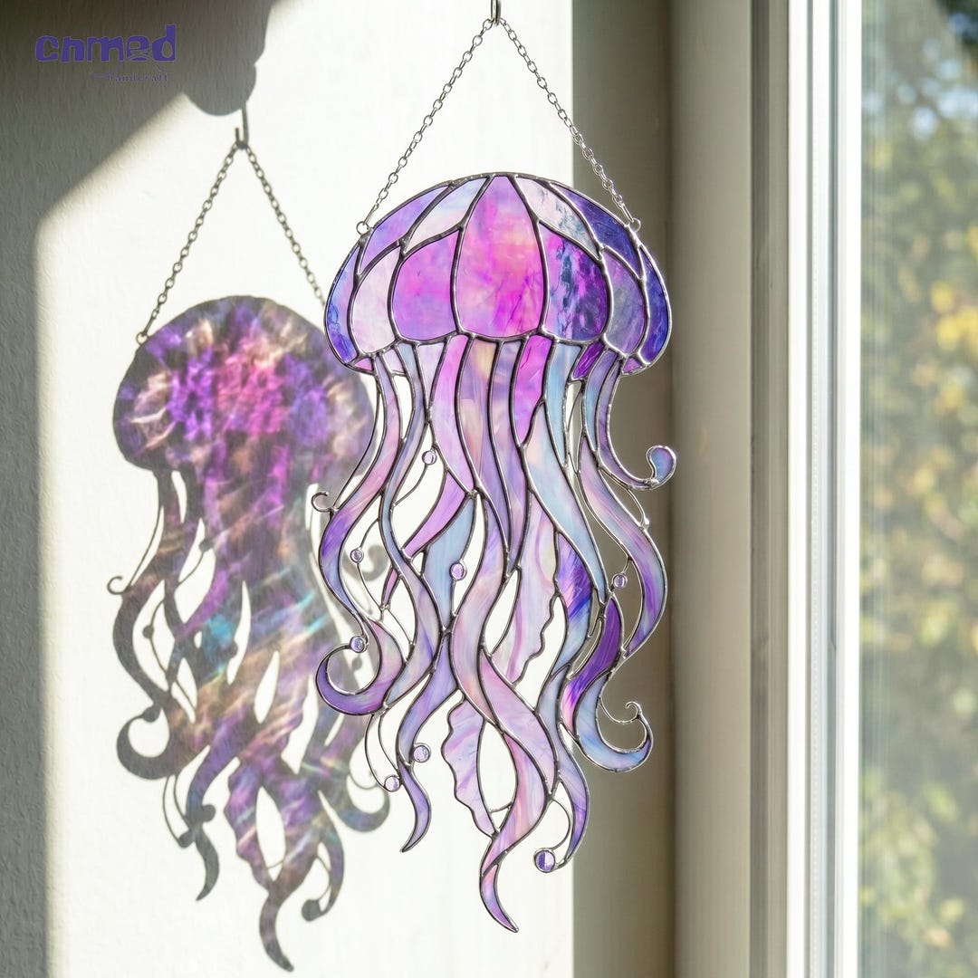 Jellyfish Stained Glass Suncatcher, Ocean Window Hanging, Real Glass ...