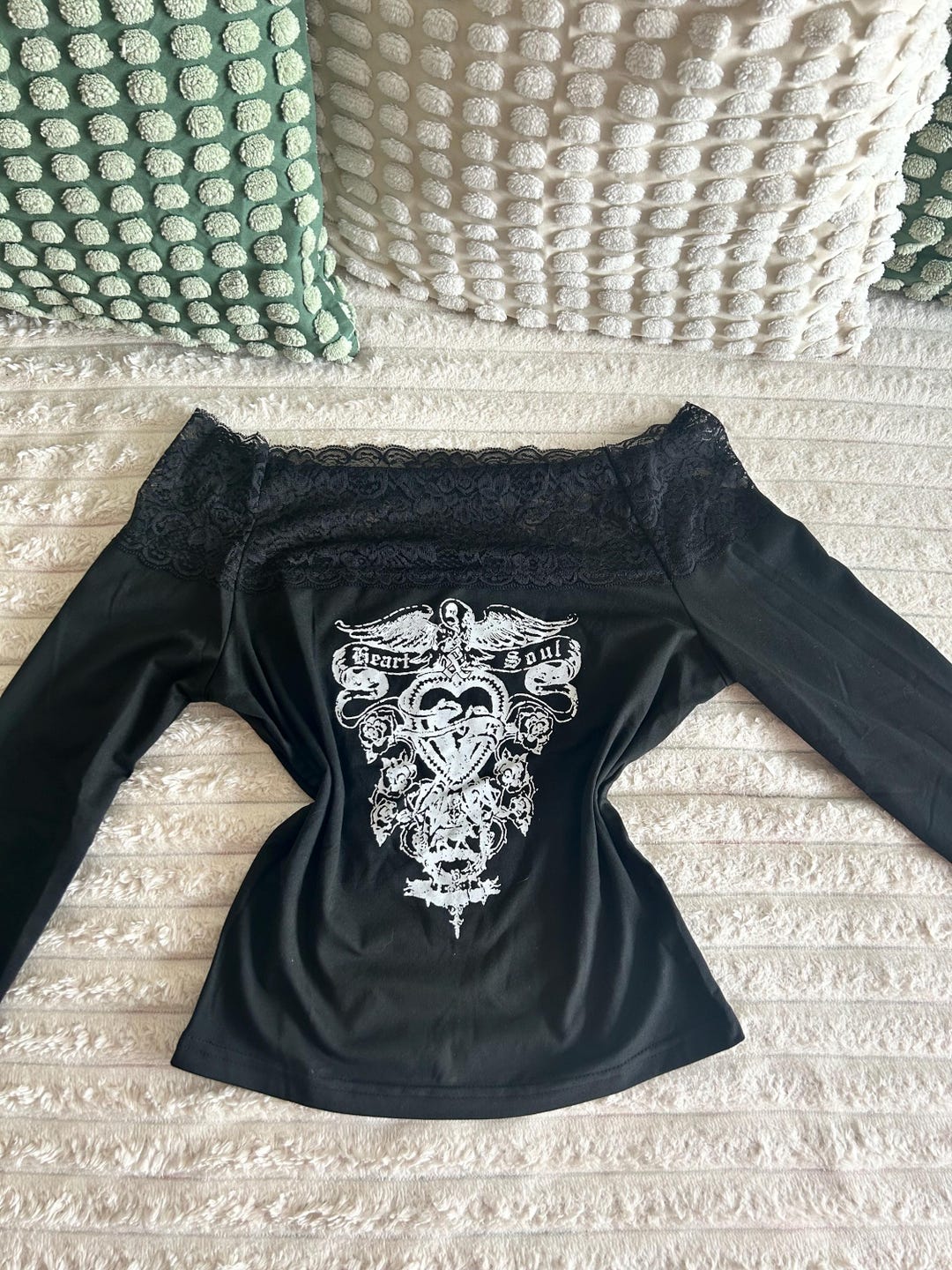 Off-shoulder Y2k Vintage Inspired Long Sleeved Top | Lace Trim Alt Goth ...