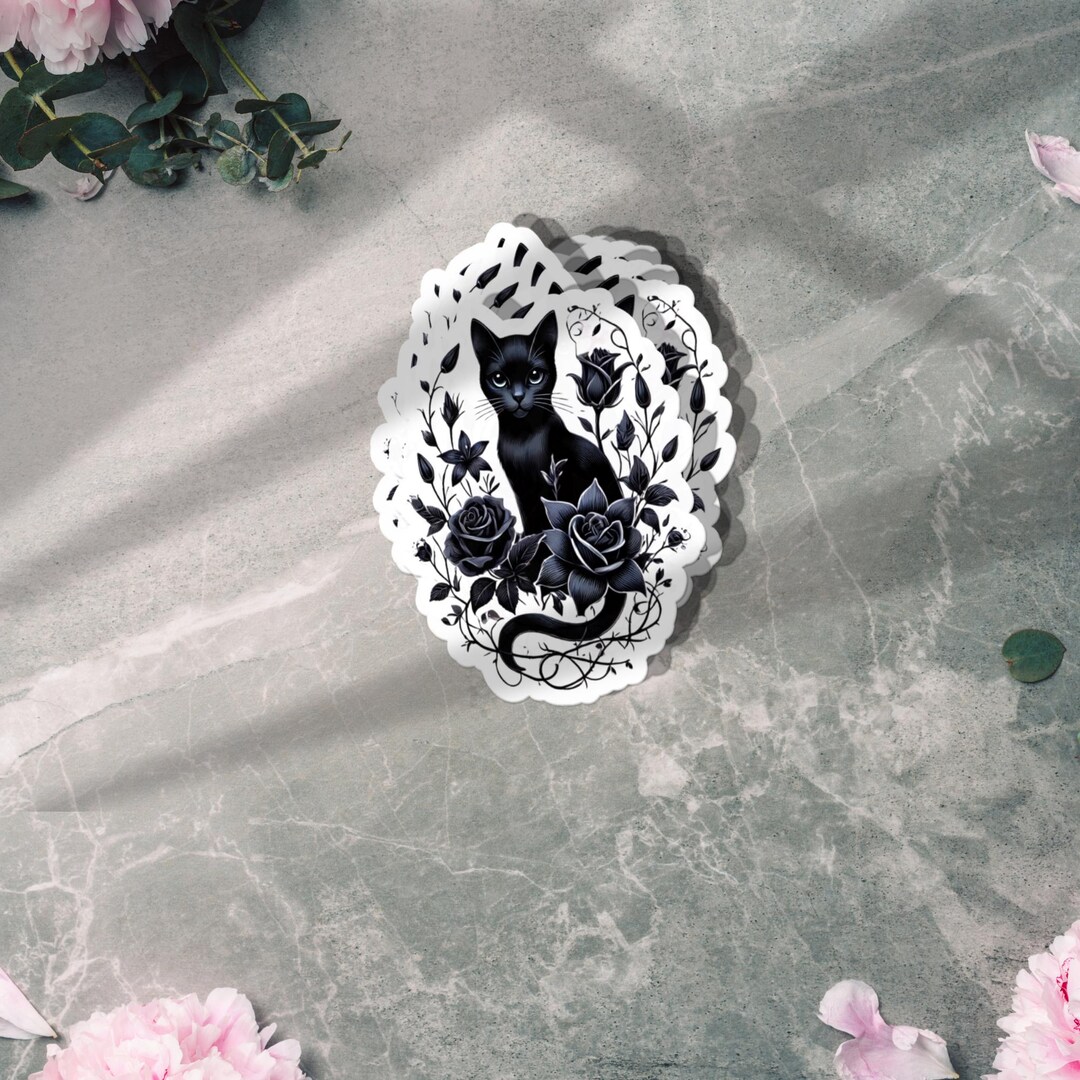 Gothic Black Cat Vinyl Sticker: Dark Floral Spooky Decal - Etsy