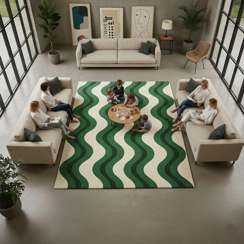 Buy Handmade Green Wavy Rug, Modern Abstract Area Carpet, Custom Tufted ...