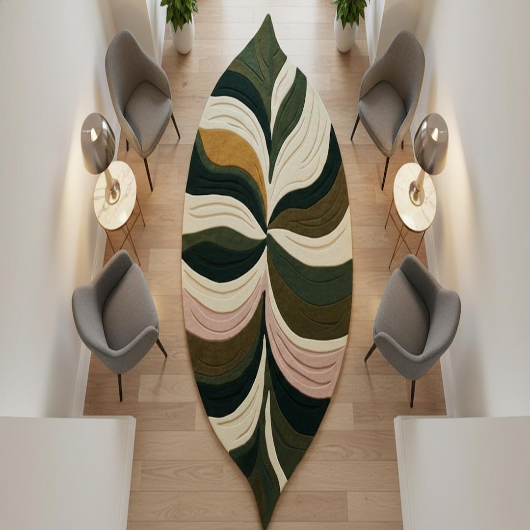 Buy Handmade Leaf Shaped Rug, Modern Botanical Area Carpet, Abstract Green Beige Wool Rug ...