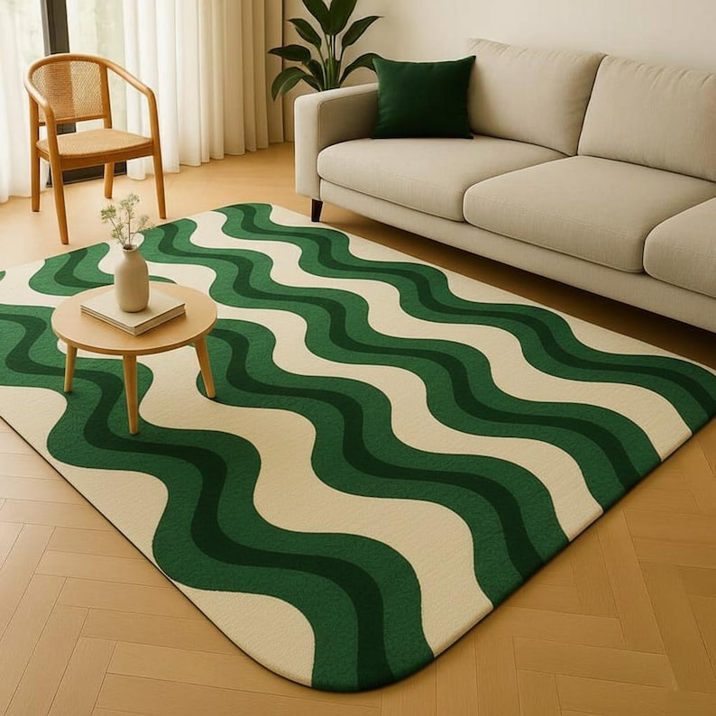 Buy Handmade Green Wavy Rug, Modern Abstract Area Carpet, Custom Tufted ...