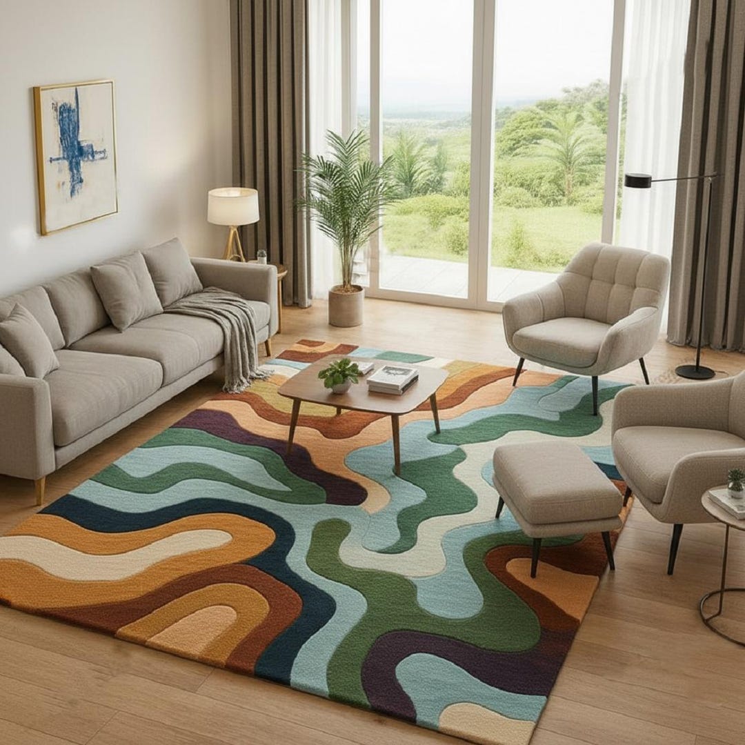 Buy Handmade Wool Area Rug, Modern Abstract Wavy Design, Living Room ...