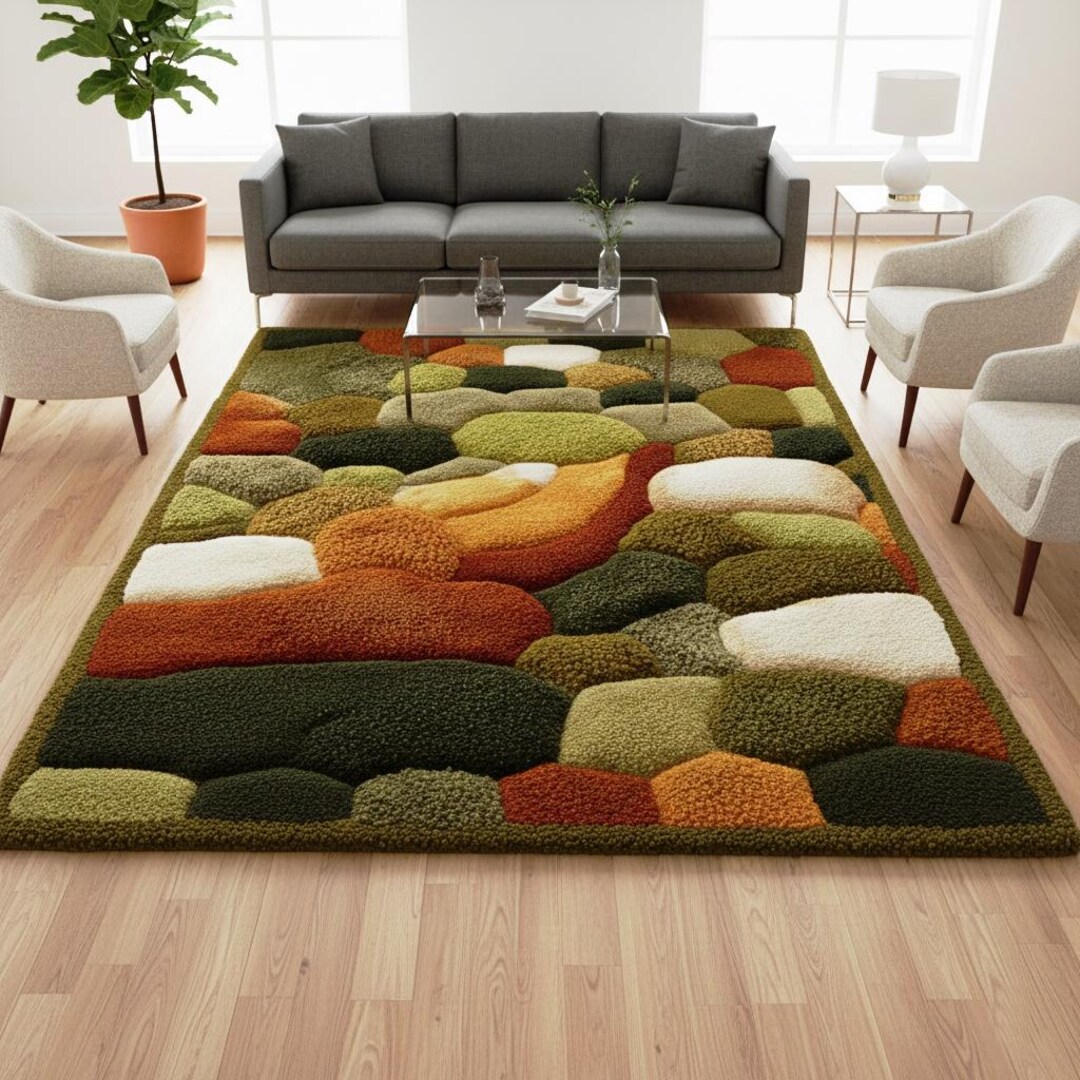 Buy Handmade Pebble Stone Rug – Green Moss & Earth Tone Area Carpet ...