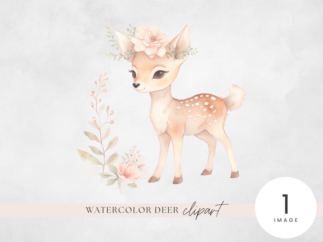Watercolor Fawn Clipart, Baby Deer With Flower Crown PNG, Woodland ...