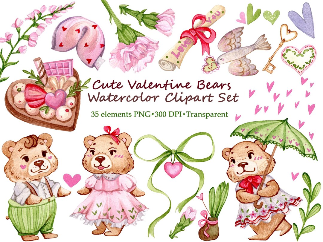 Valentine Bears Watercolor Clipart Set, Love Bear Illustrations, 35 PNG ...