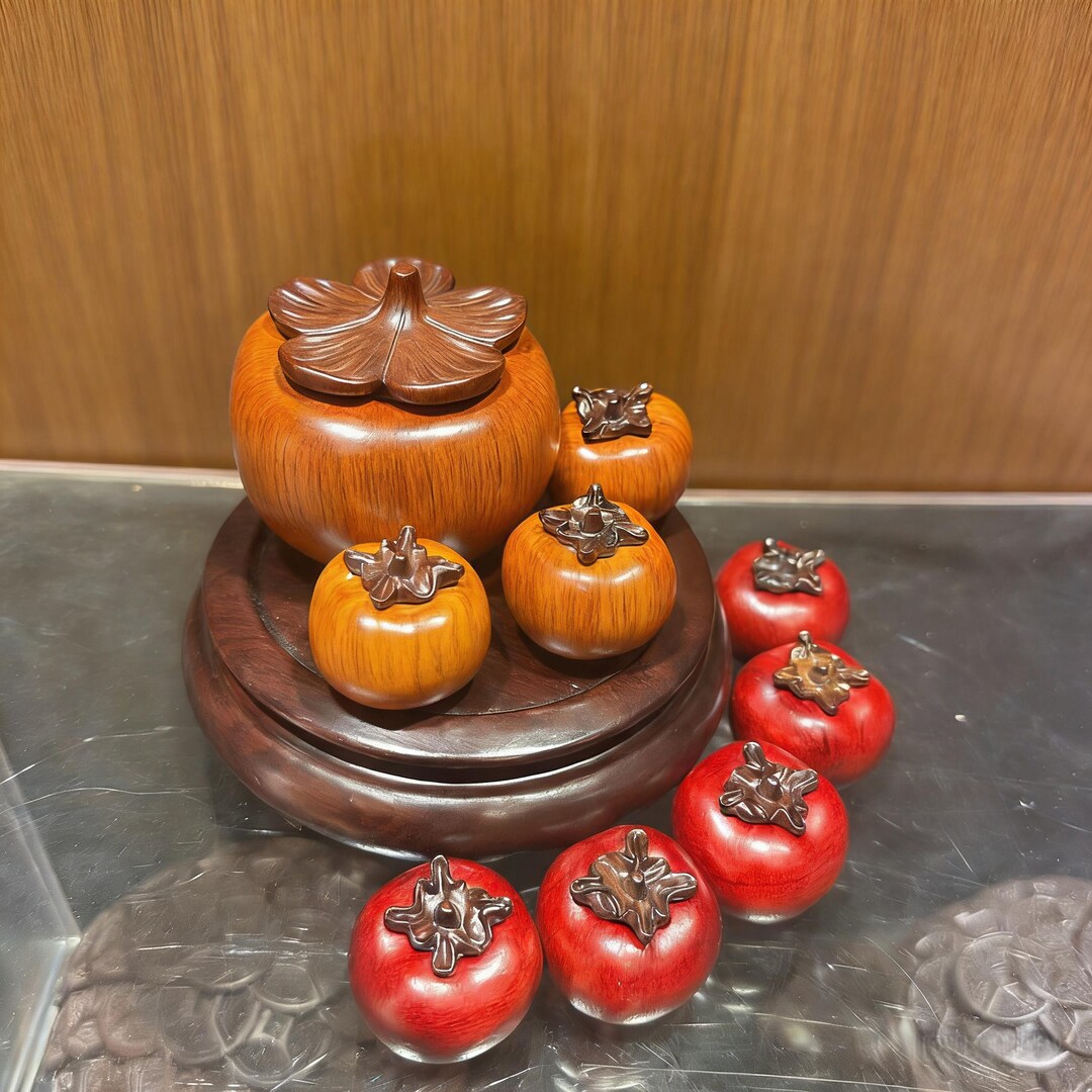 Hand Carved Wooden Persimmon Set – “everything Goes Well” Lucky Symbol ...