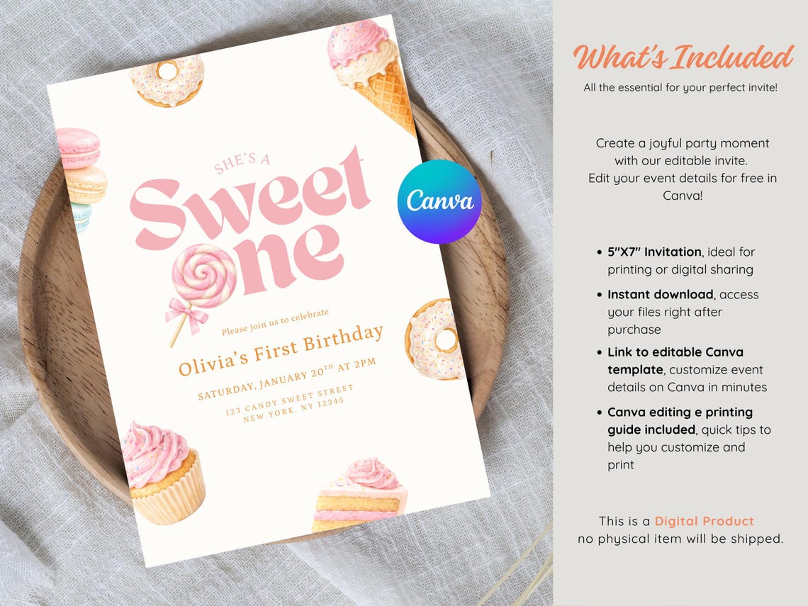 Sweet One Birthday Invitation for Girl, First Birthday Party Invite ...