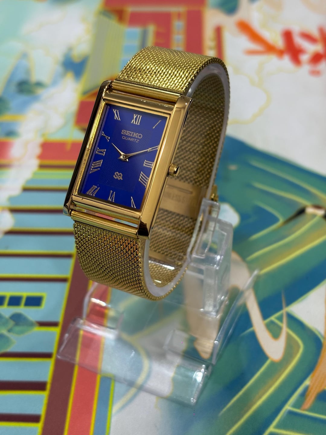 Vintage Restored Seiko Tank Watch, Gold Mesh, Blue Roman Numeral Dial ...