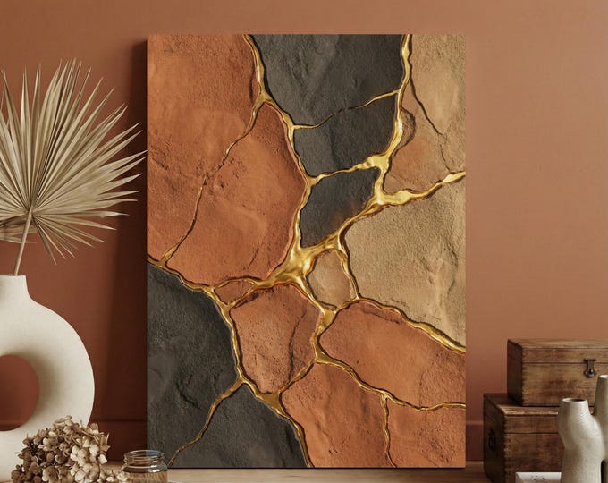 Abstract Kintsugi Wall Art, Textured Stone Canvas Print, Gold Vein ...