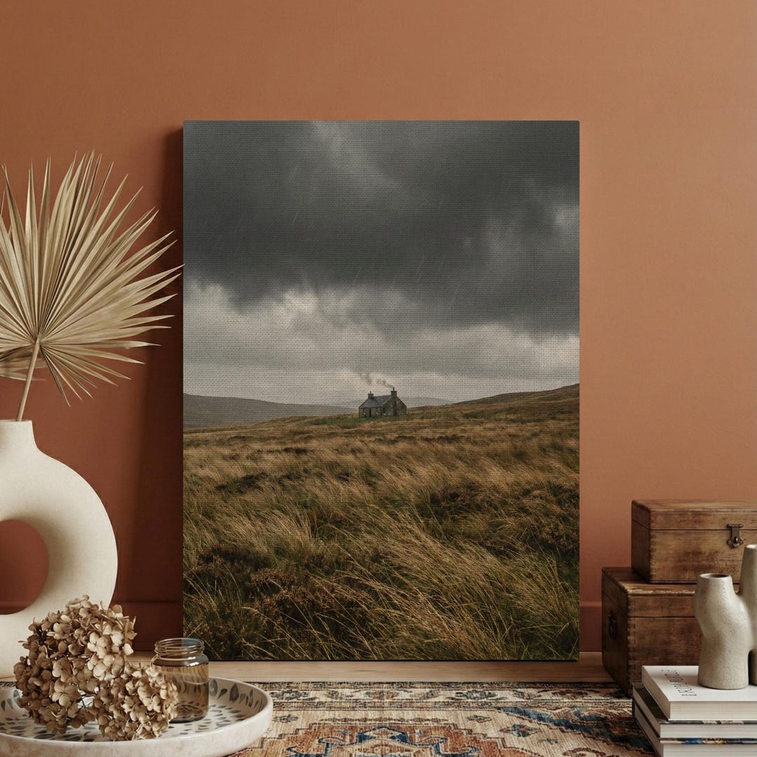 Moody Lone Cottage Wall Art, Dark Stormy Sky Canvas Print, Rustic ...