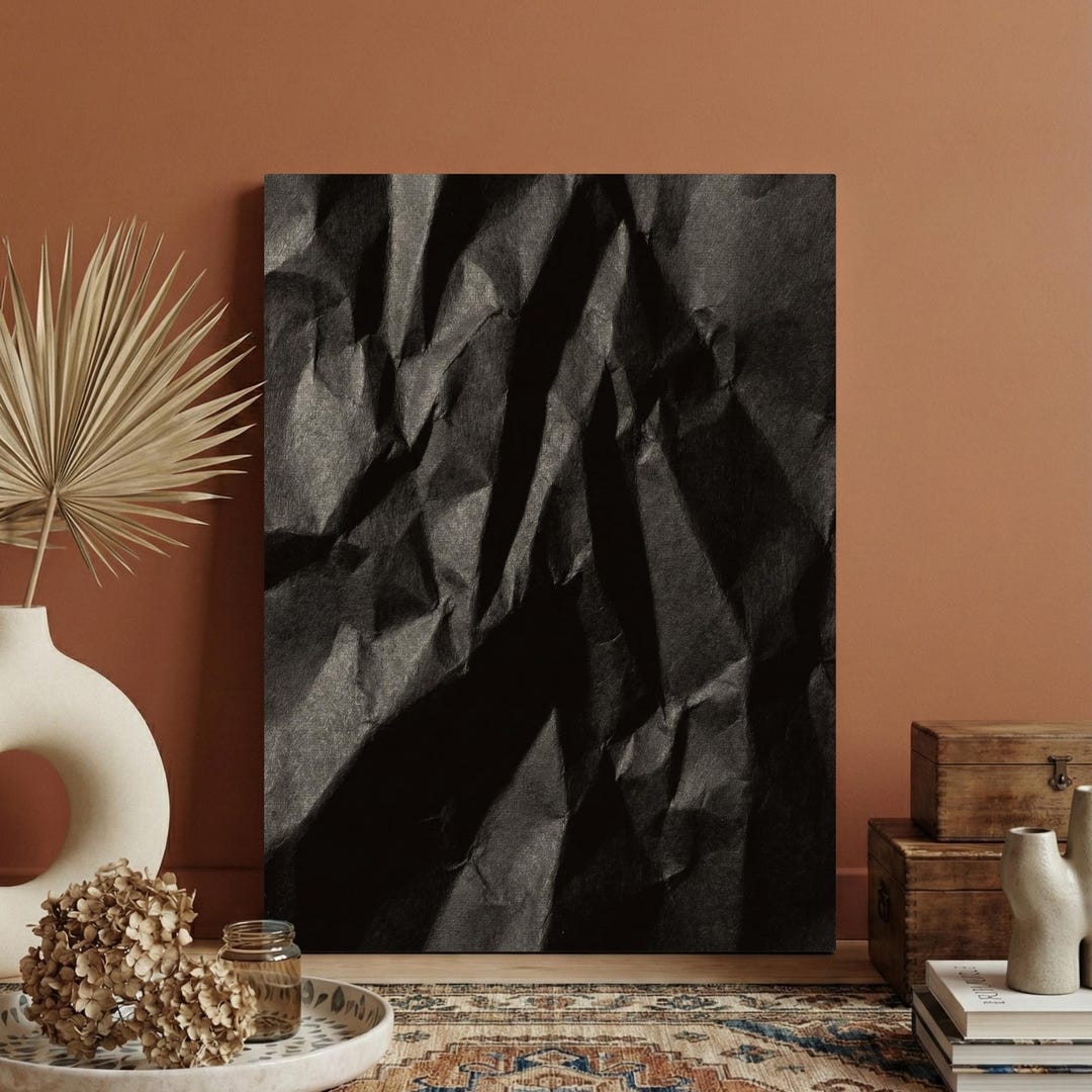 Black Crumpled Paper Wall Art, Textured Minimalist Canvas Print, Dark ...