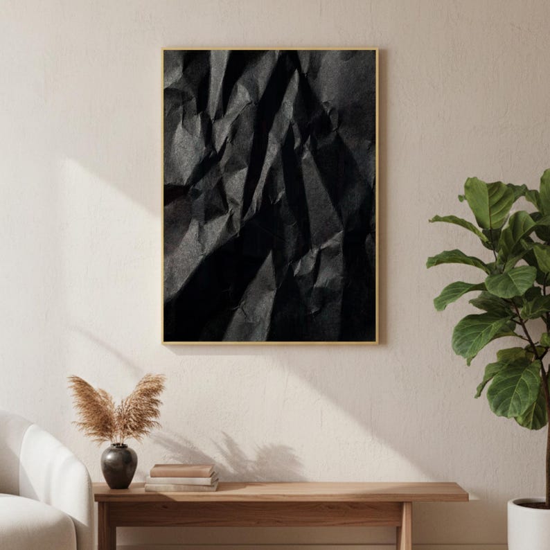 Black Crumpled Paper Wall Art, Textured Minimalist Canvas Print, Dark ...