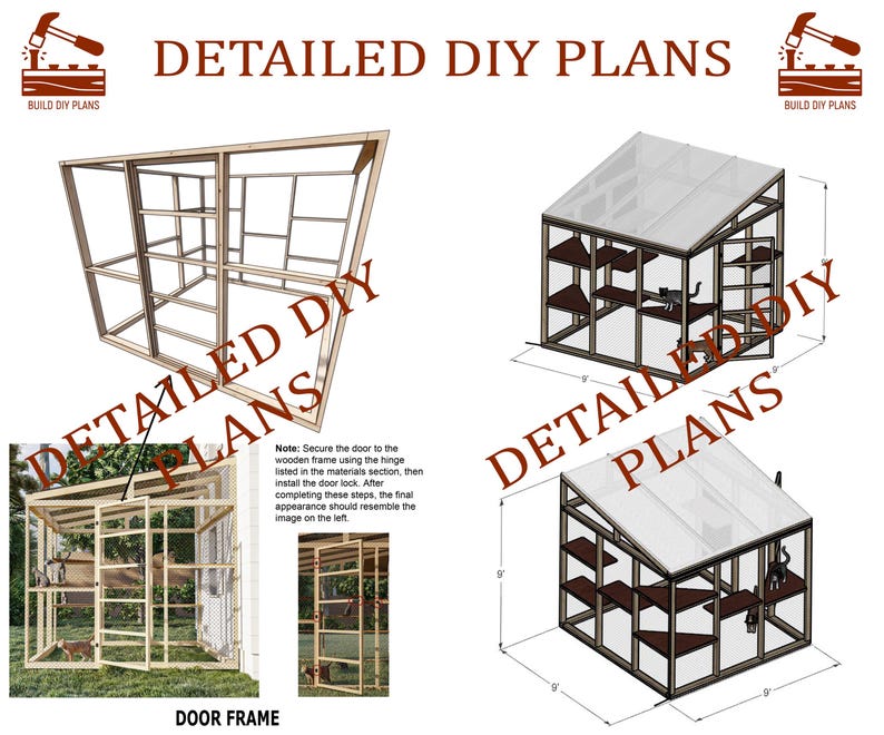 Cat House Plans 9x9, Catio Plan, DIY Pet Shelter, Outdoor Cat Condo ...