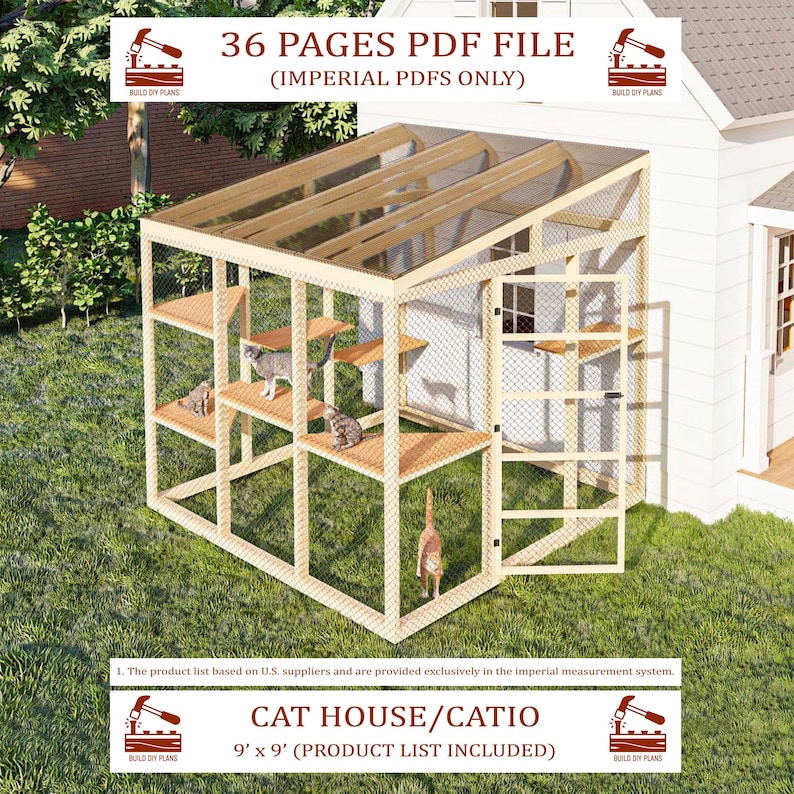 Cat House Plans 9x9, Catio Plan, DIY Pet Shelter, Outdoor Cat Condo ...