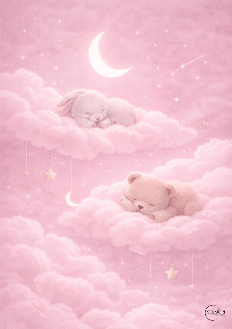 Pink Nursery Wall Art Printable, Sleeping Bunny & Bear on Clouds, Baby ...