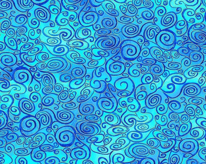 Wings of Gold Swirly Scrolls Metallic Blender BLUE by Timeless ...