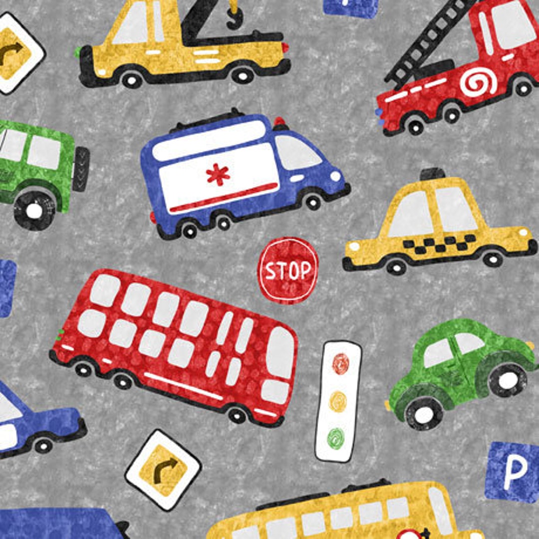 Vehicles in Gray From the Beep Beep Collection for QT Fabrics 100% ...