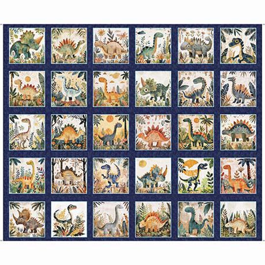 Dinosaurs Pictures Patches 36" Panel in Navy From the Dinoroars! Collection by Morris Creative ...