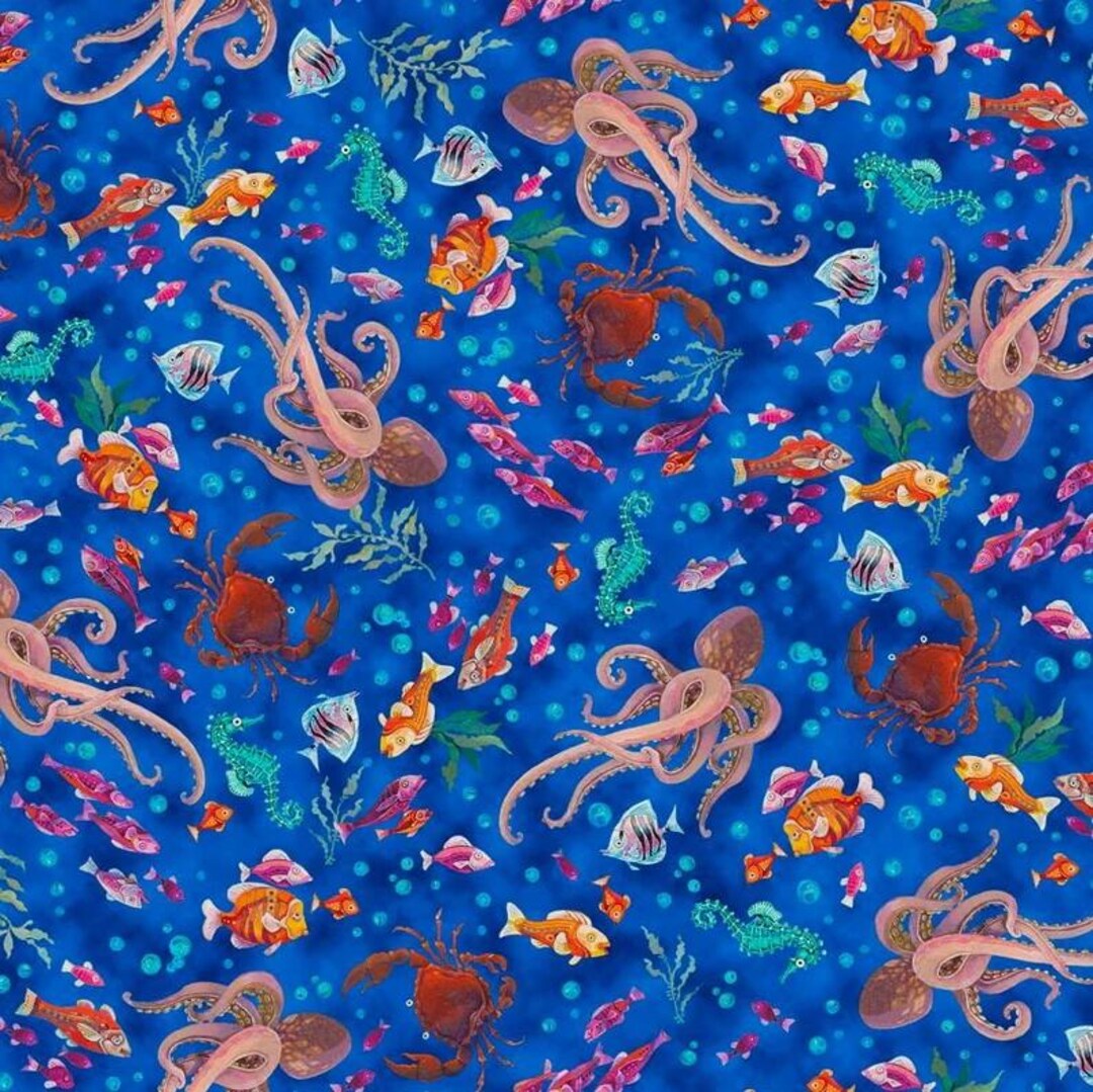 Ocean Sea Life on Royal Blue From Sun & Sea Collection by QT Fabrics ...